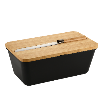 Bread box with bamboo top and integrated bread cutter, black for ...
